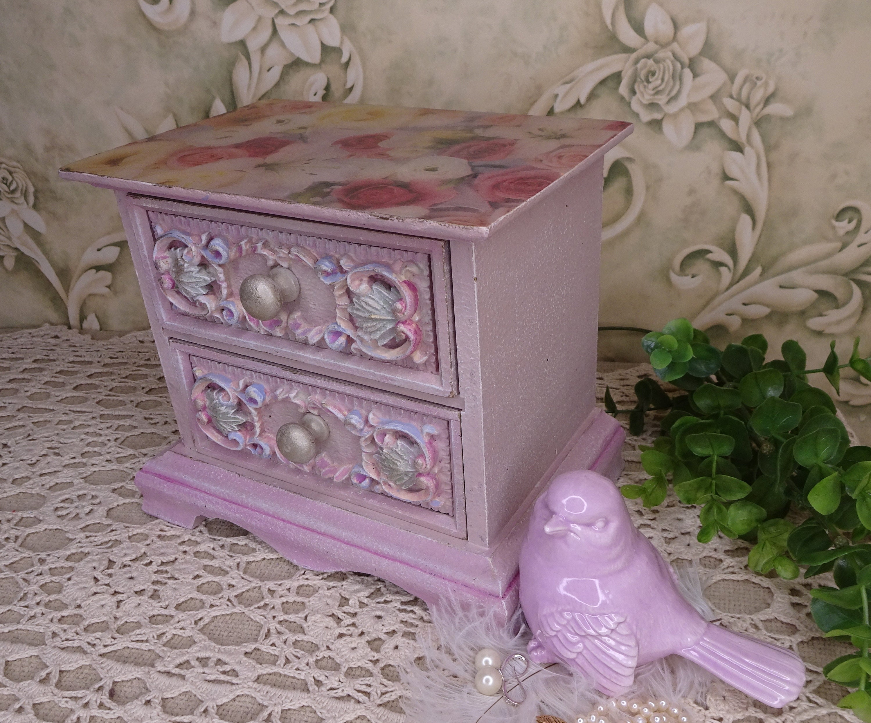 Small Pink Musical Jewelry Chest, Floral, New Plush Lining, Anniversary ...