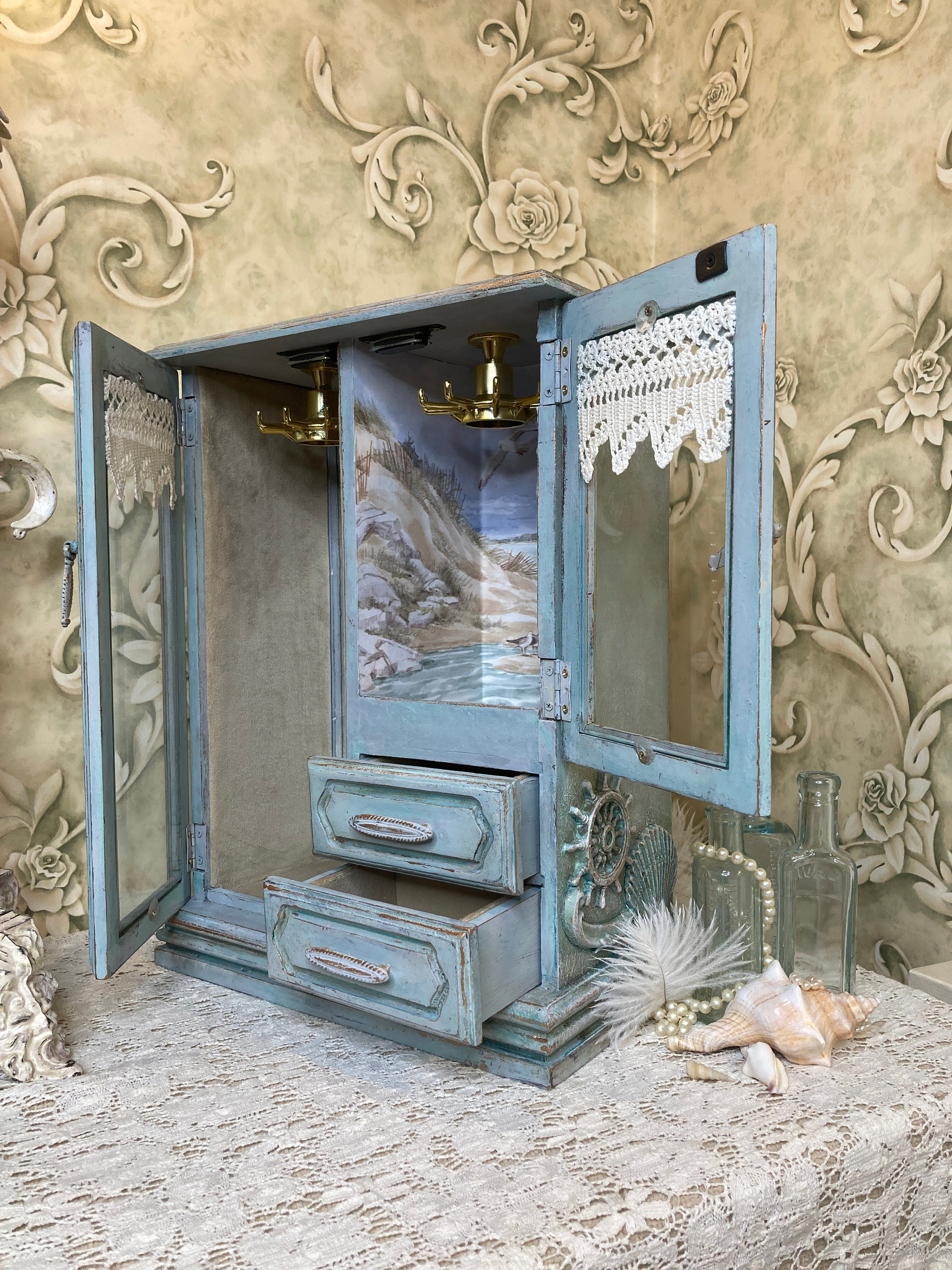 Large Beach Themed Jewelry Box, Vintage Hand Painted Armoire, New ...
