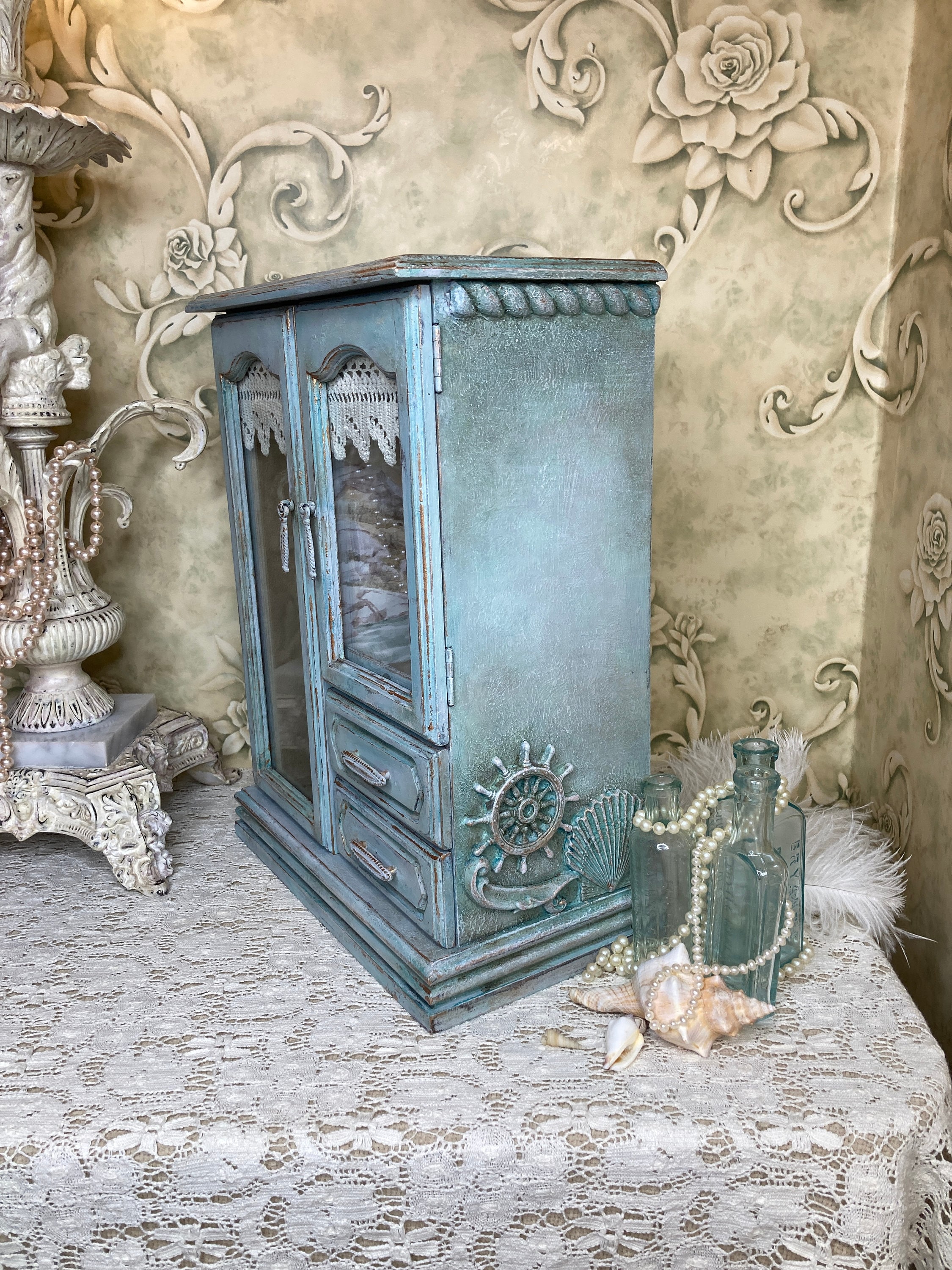 Large Beach Themed Jewelry Box, Vintage Hand Painted Armoire, New ...