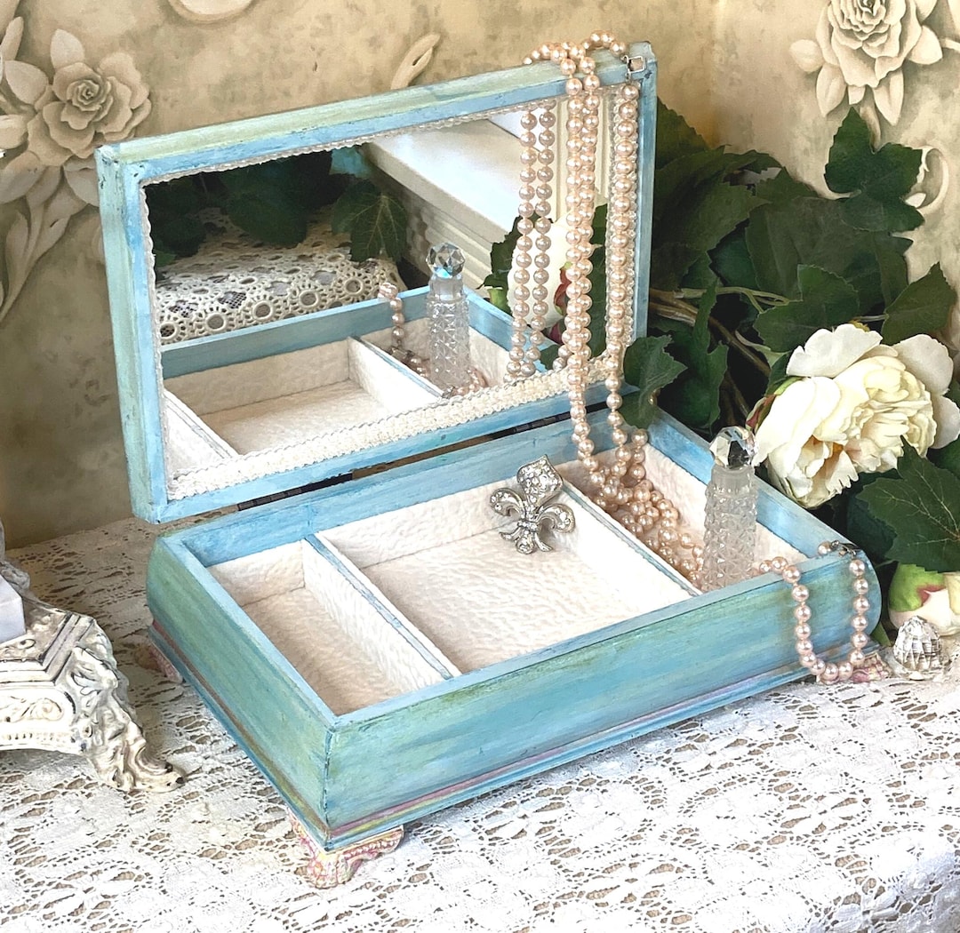 Hand Painted Floral Jewelry Box: Blue Wood Chest With Mirror - Etsy