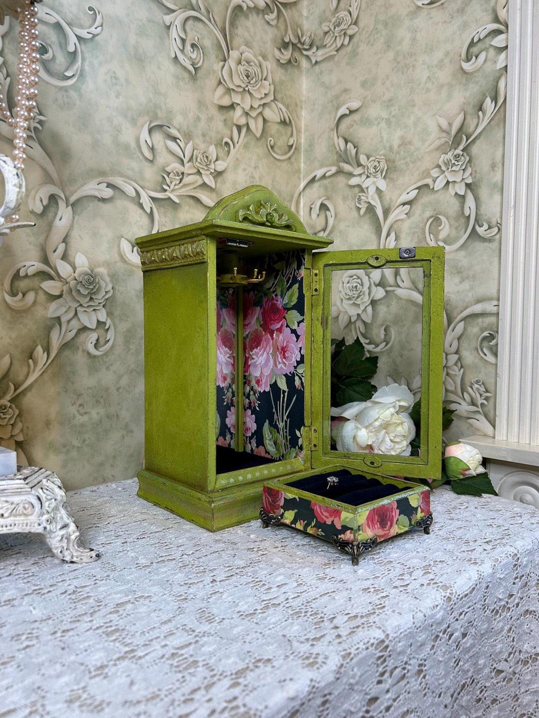 Two Piece Vintage Jewelry Box Set, Chartreuse Hand Painted Gift for ...