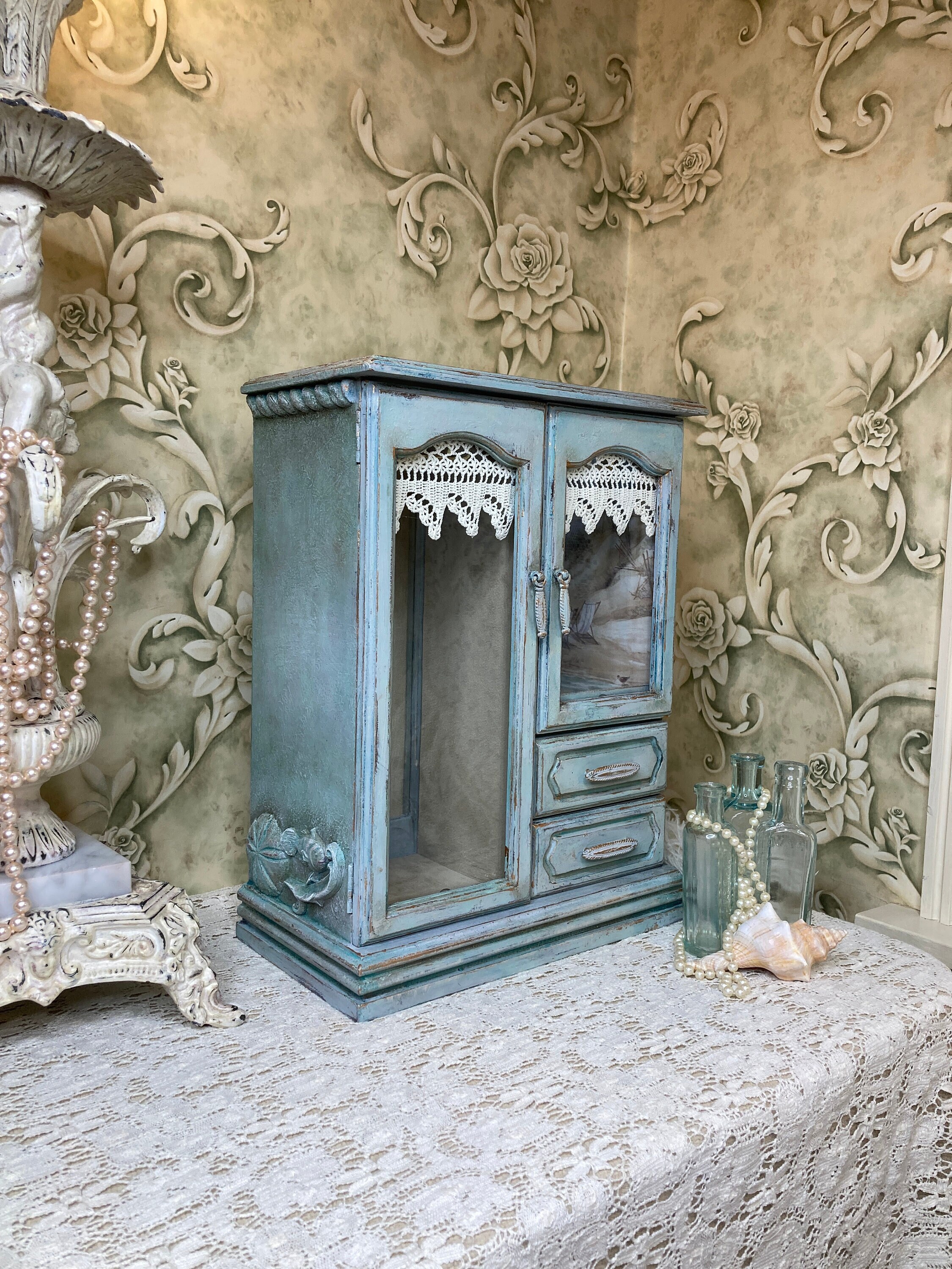 Large Beach Themed Jewelry Box, Vintage Hand Painted Armoire, New ...
