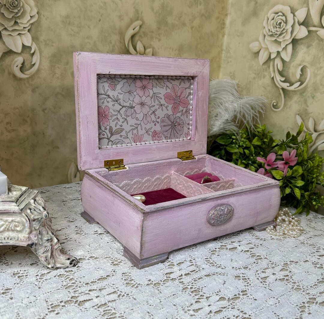 Small Pink Jewelry Chest, Vintage Hand Painted, New Real Velvet Lining ...
