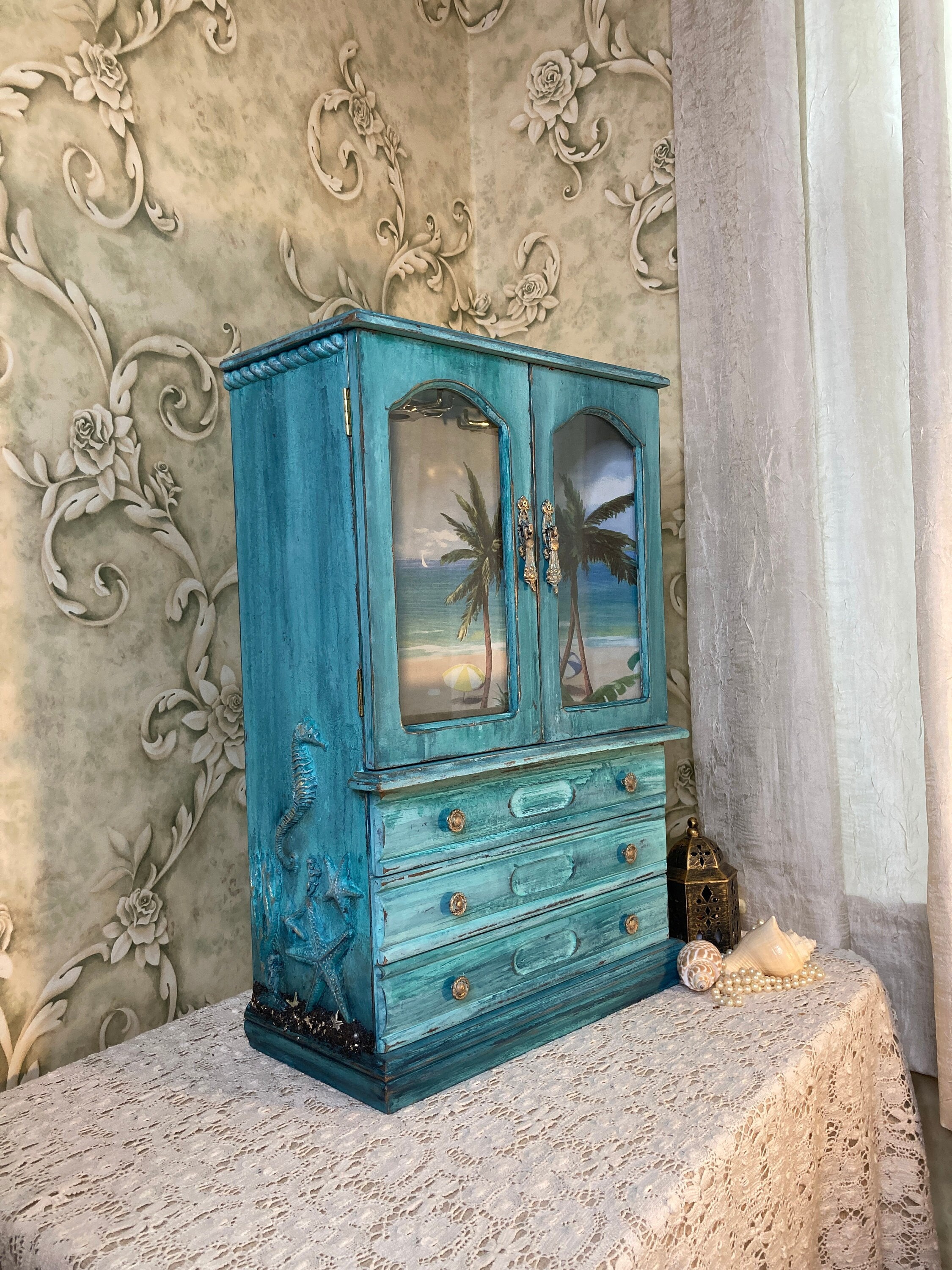 Large Beach Themed Jewelry Box, Vintage Wood Armoire, Beach House ...