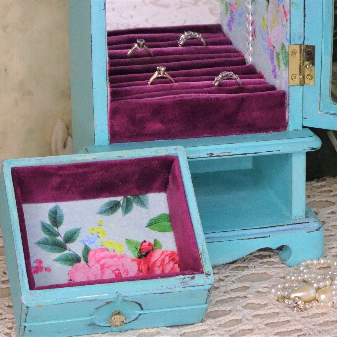 Aqua Jewelry Armoire Refinished Wood Vintage New Moldings - Etsy