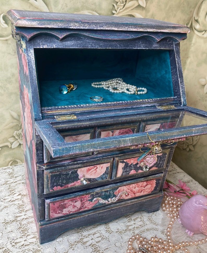 Hand Painted Jewelry Box: Wood Chest With Drawers Musical Upcycled ...