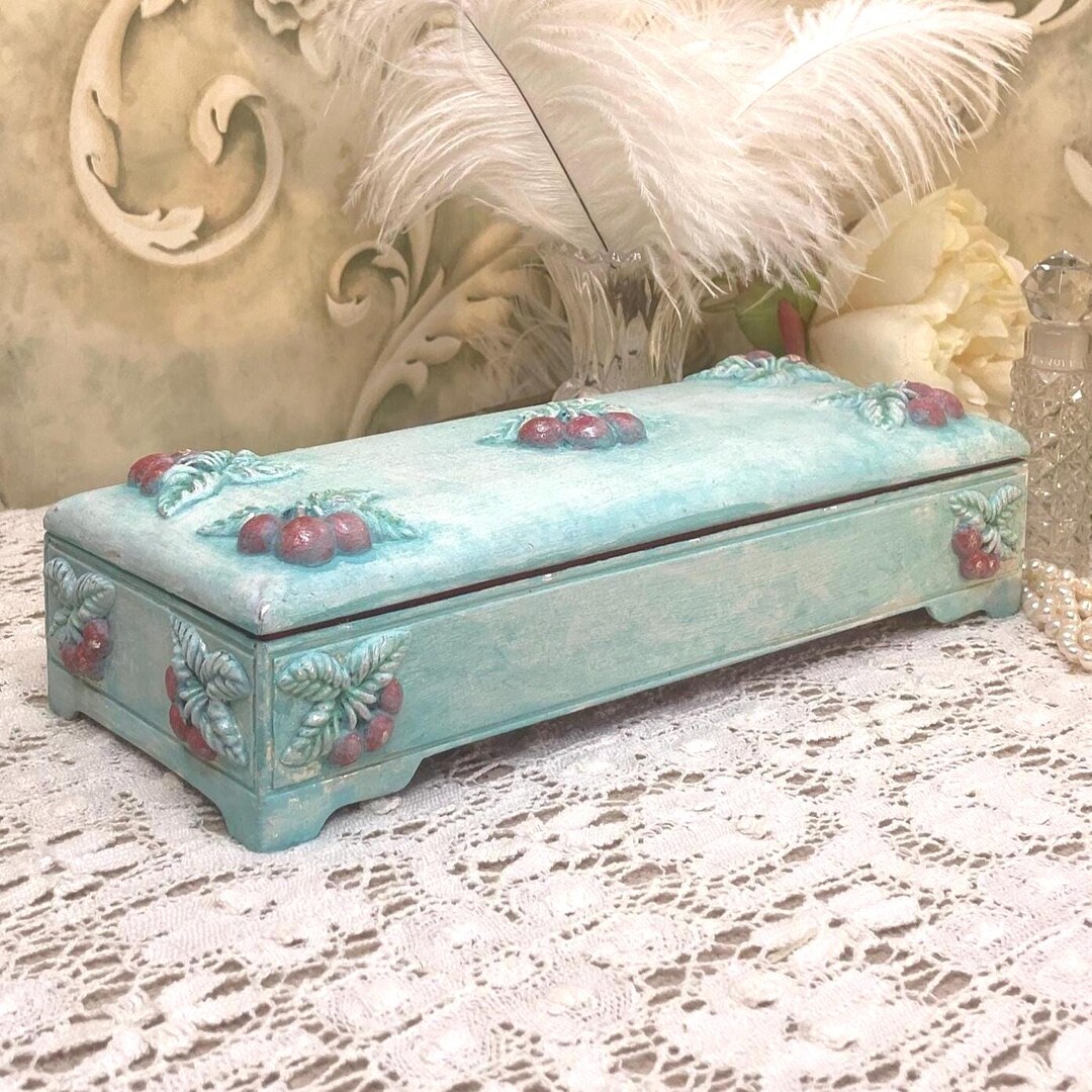 Vintage Godinger Jewelry Box: Hand-painted Aqua Green Cherry Keepsake ...