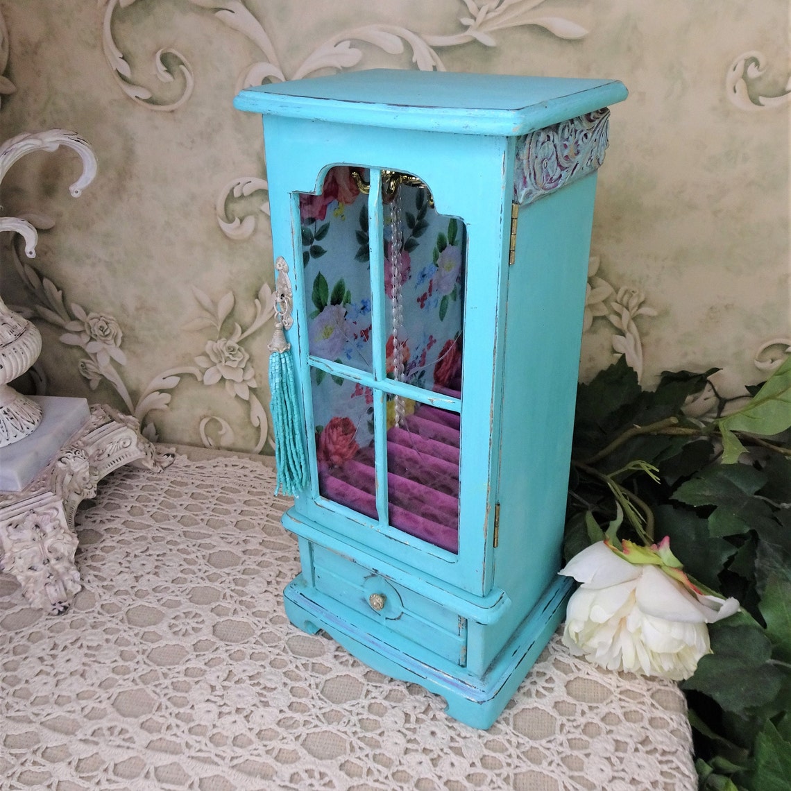 Aqua Jewelry Armoire Refinished Wood Vintage New Moldings - Etsy