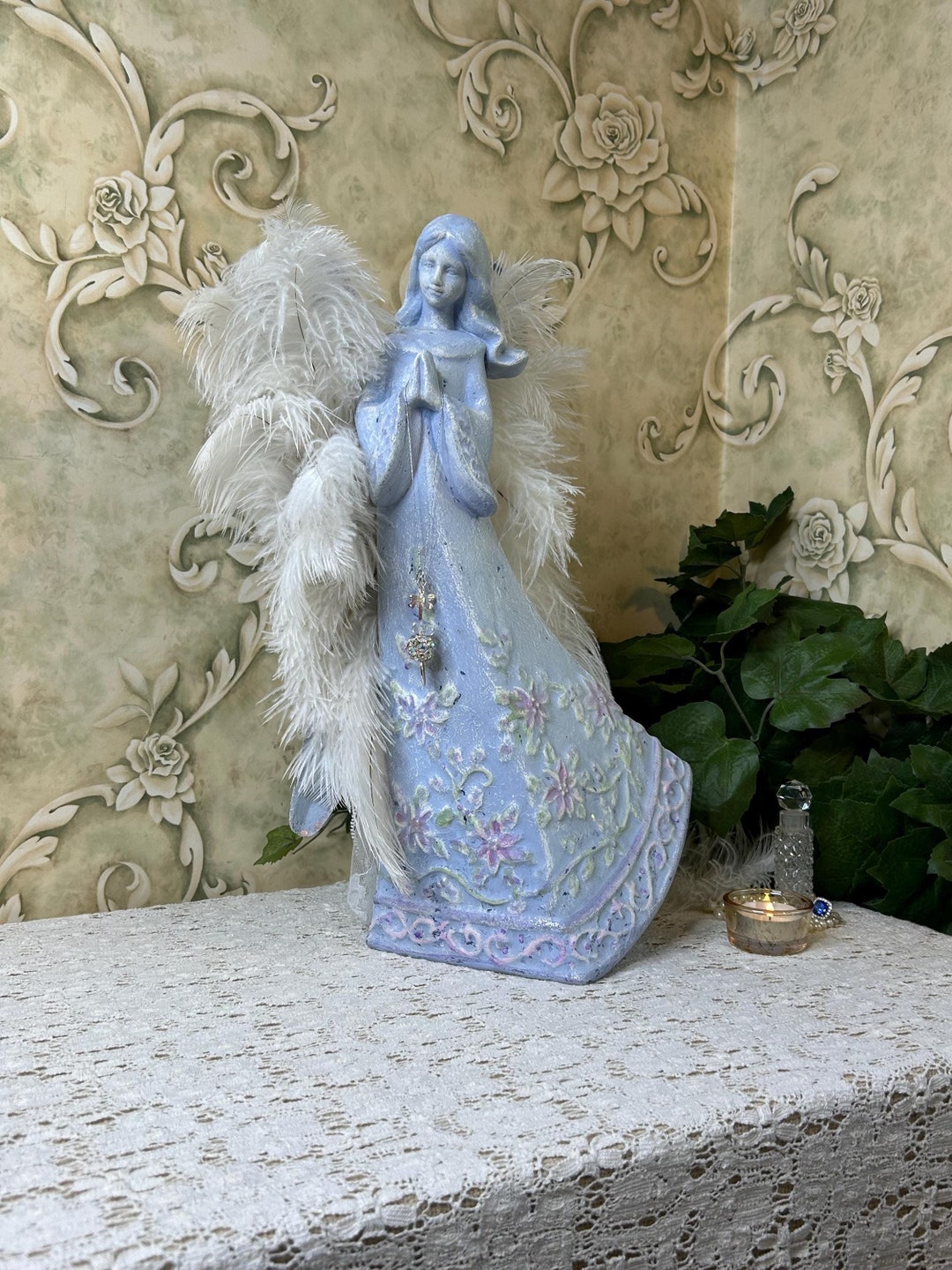 Ceramic Blue Angel, Hand Painted, Real Ostrich Feather Wings, Spiritual ...
