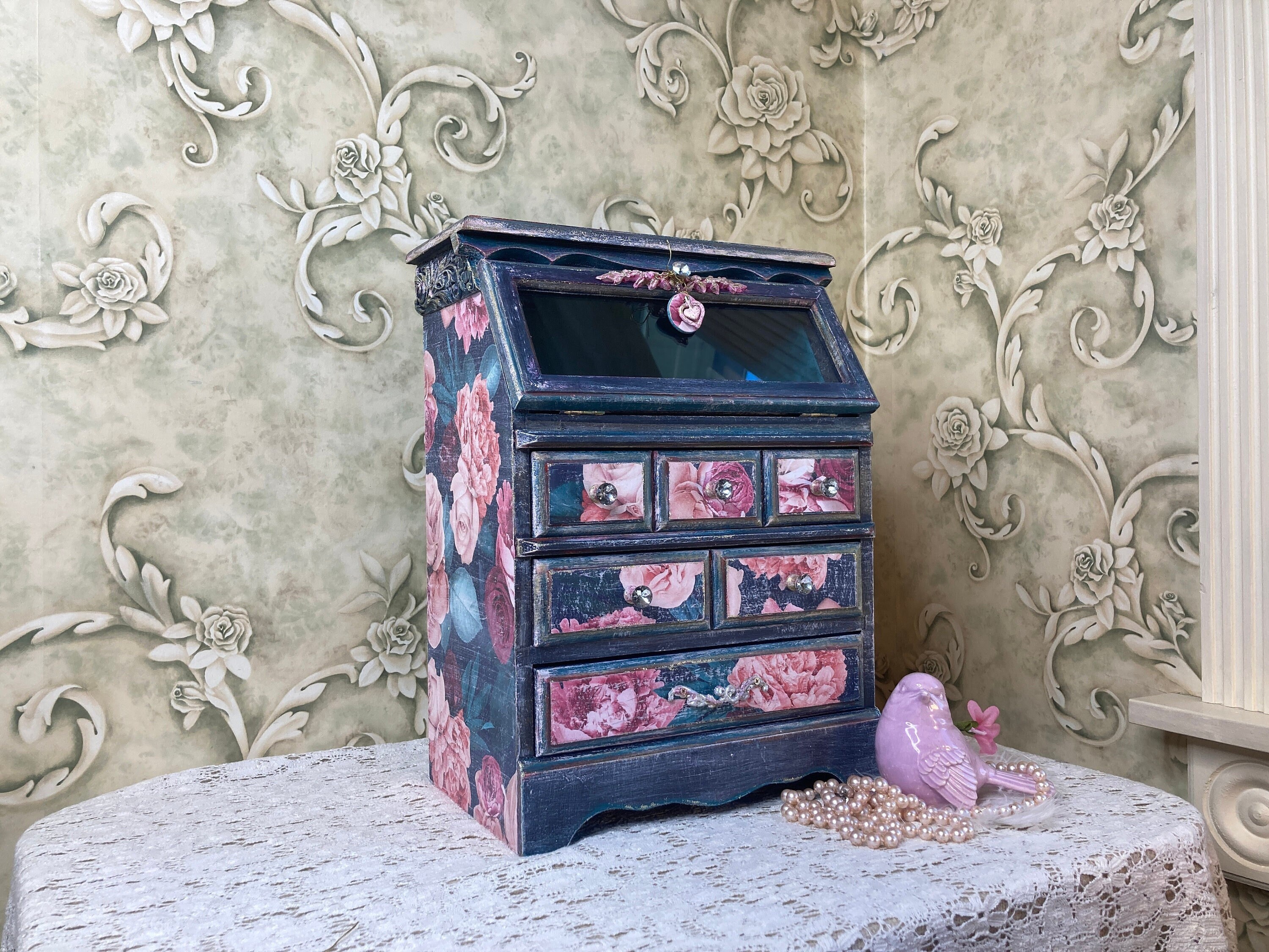 Large Wood Jewelry Box With Drawers, Vintage Refinished Hand Painted ...