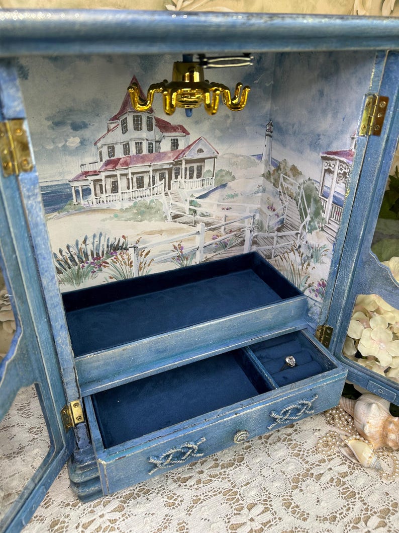 Beach Nautical Jewelry Armoire, Hand Painted, Beach Ocean Lighthouse ...