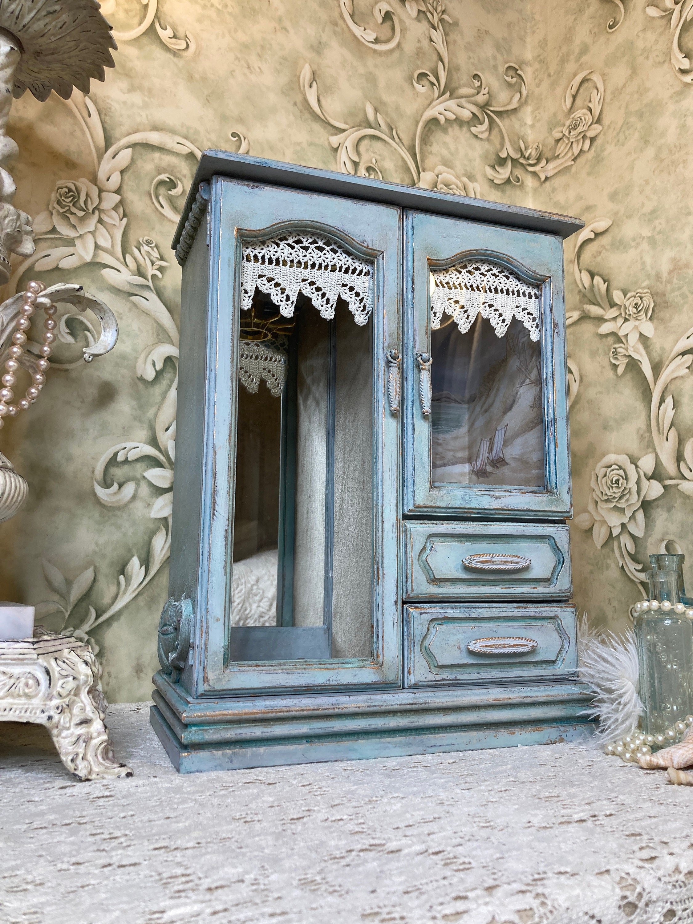 Large Beach Themed Jewelry Box, Vintage Hand Painted Armoire, New ...
