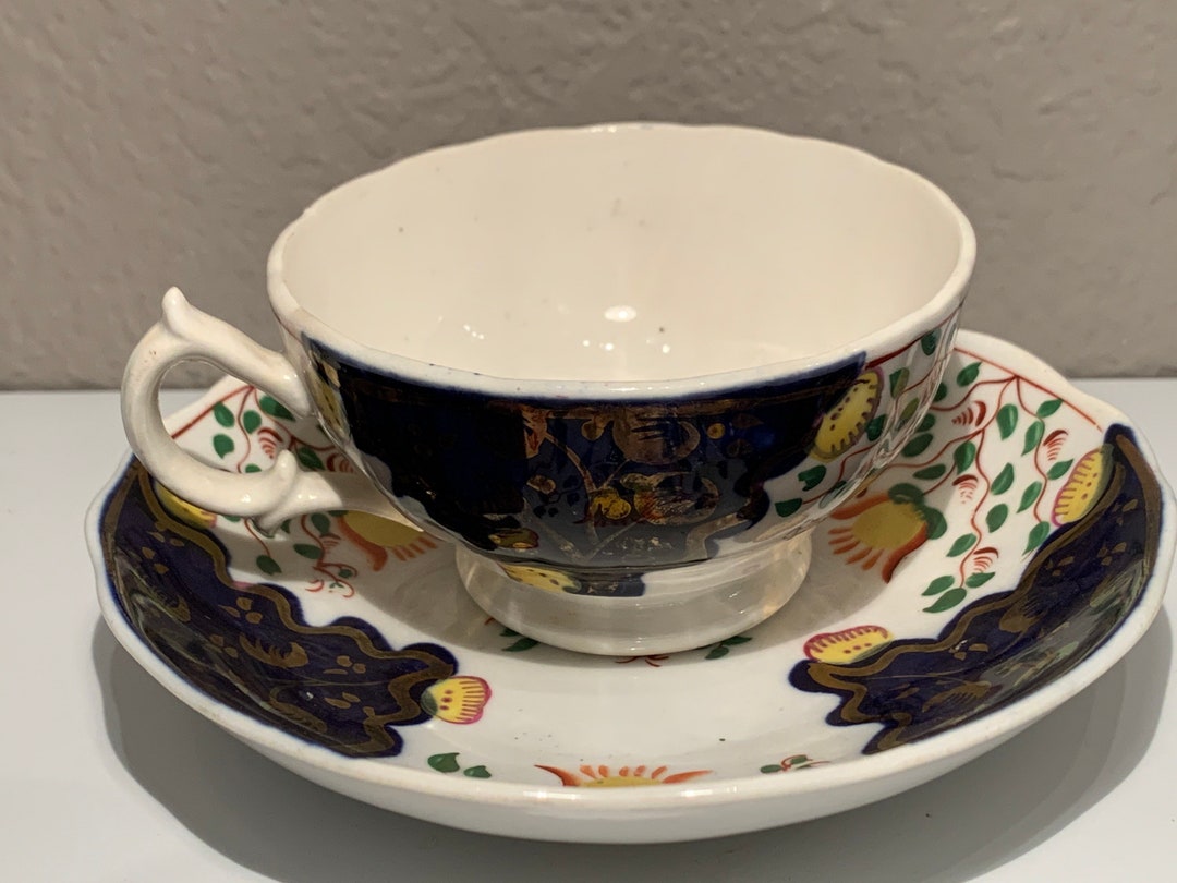 Antique English Gaudy Welsh Tea Cup Saucer Set Yellow Orange - Etsy