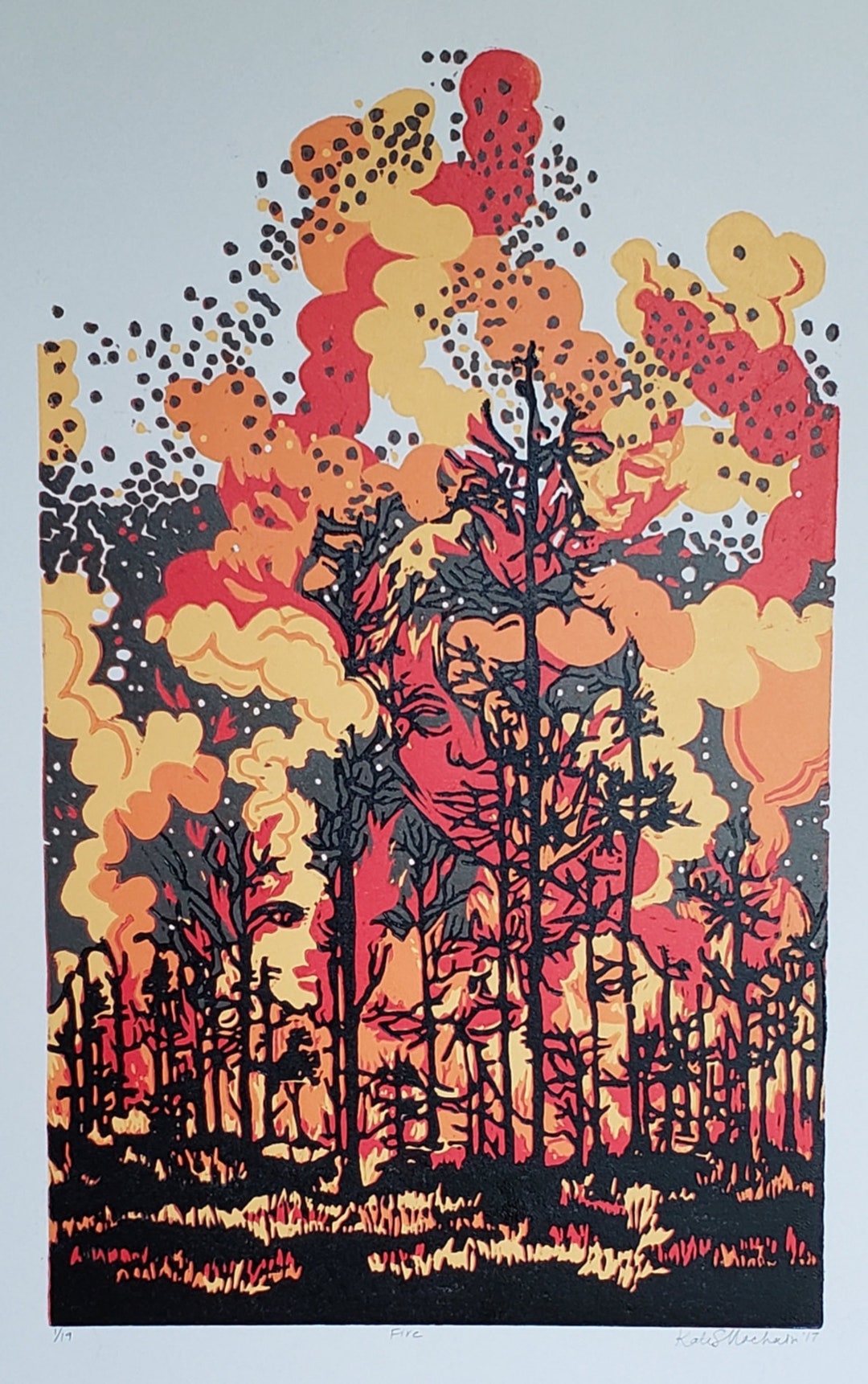 Fire, Original Woodcut Reduction Print - Etsy