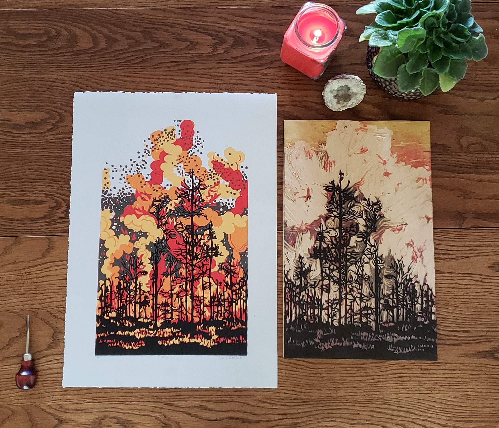 Fire, Original Woodcut Reduction Print - Etsy