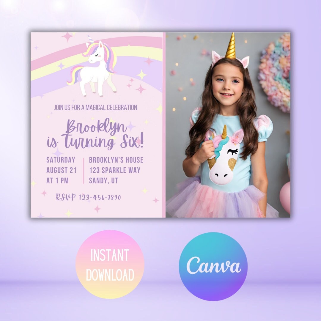 Unicorn Birthday Invitation With Photo Printable Canva Template - Etsy