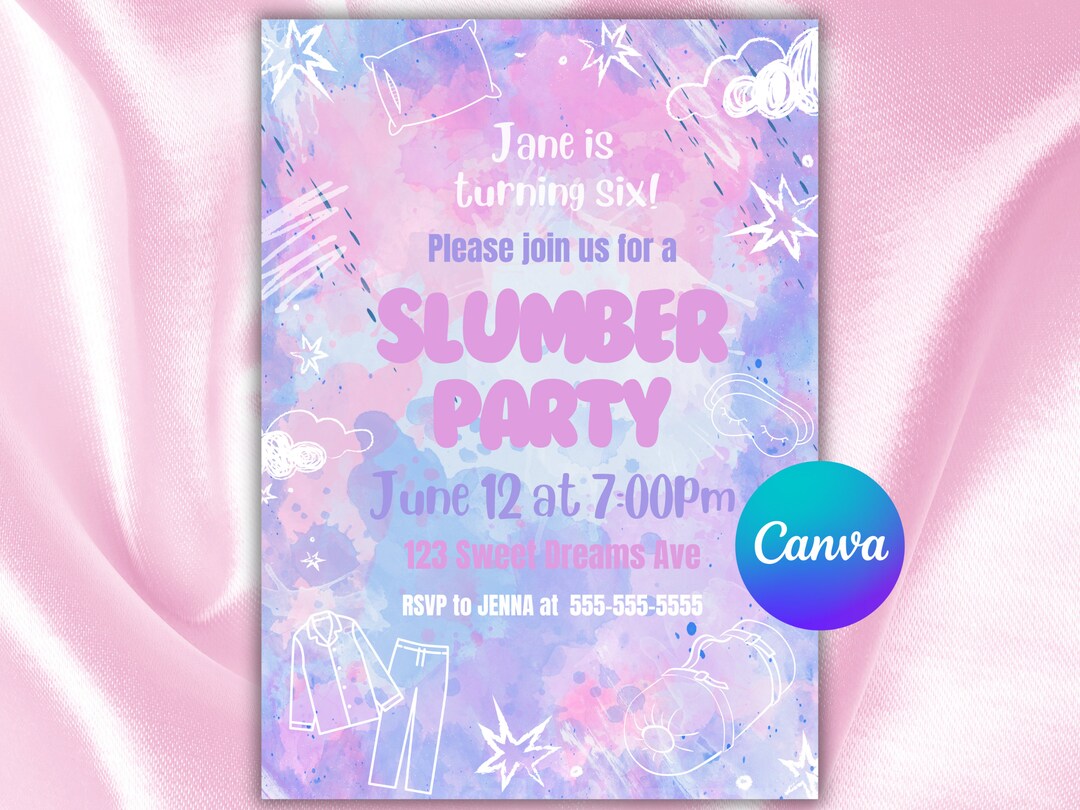 Editable Slumber Party Birthday Invitation Canva Template - Etsy