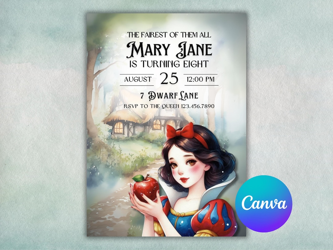 Snow White Inspired Birthday Party Invitation– Digital Editable ...