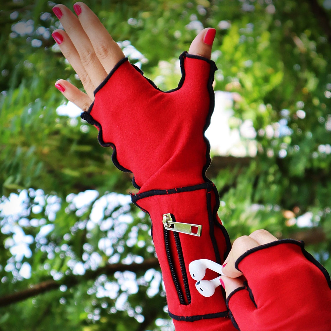 Red Fingerless Gloves With Pocket Long Arm Warmers Cotton - Etsy