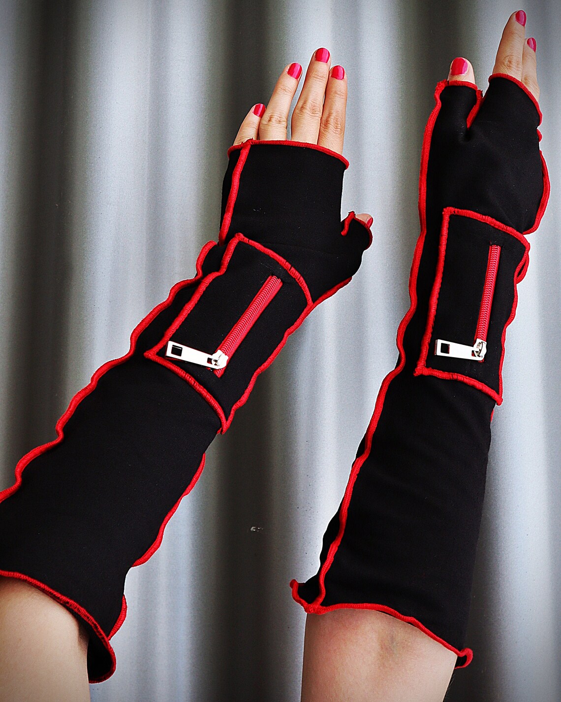 Black Fingerless Gloves With Pocket Long Arm Warmers Made of | Etsy