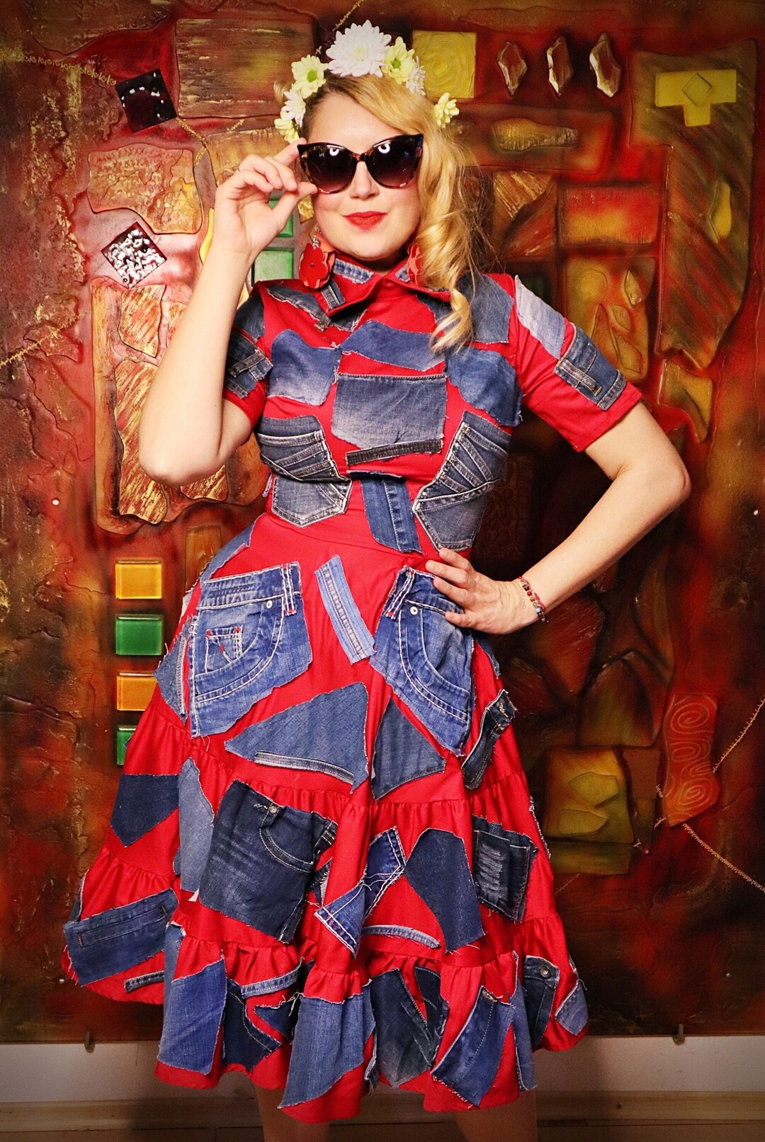 Cotton Dress With Denim Patches, Pin up Patchwork Dress TDK410 - Etsy