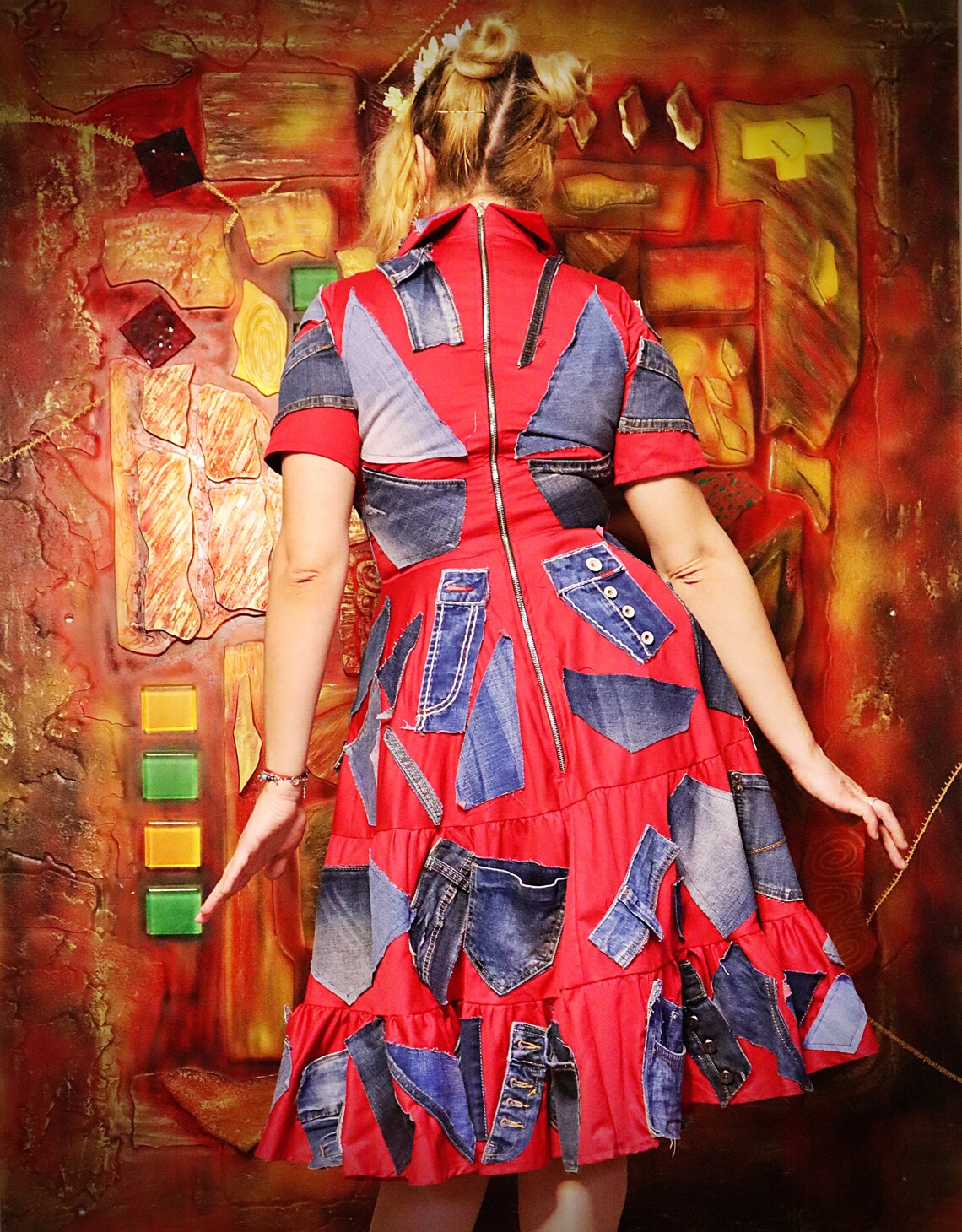 Cotton Dress With Denim Patches Pin up Patchwork Dress TDK410 - Etsy