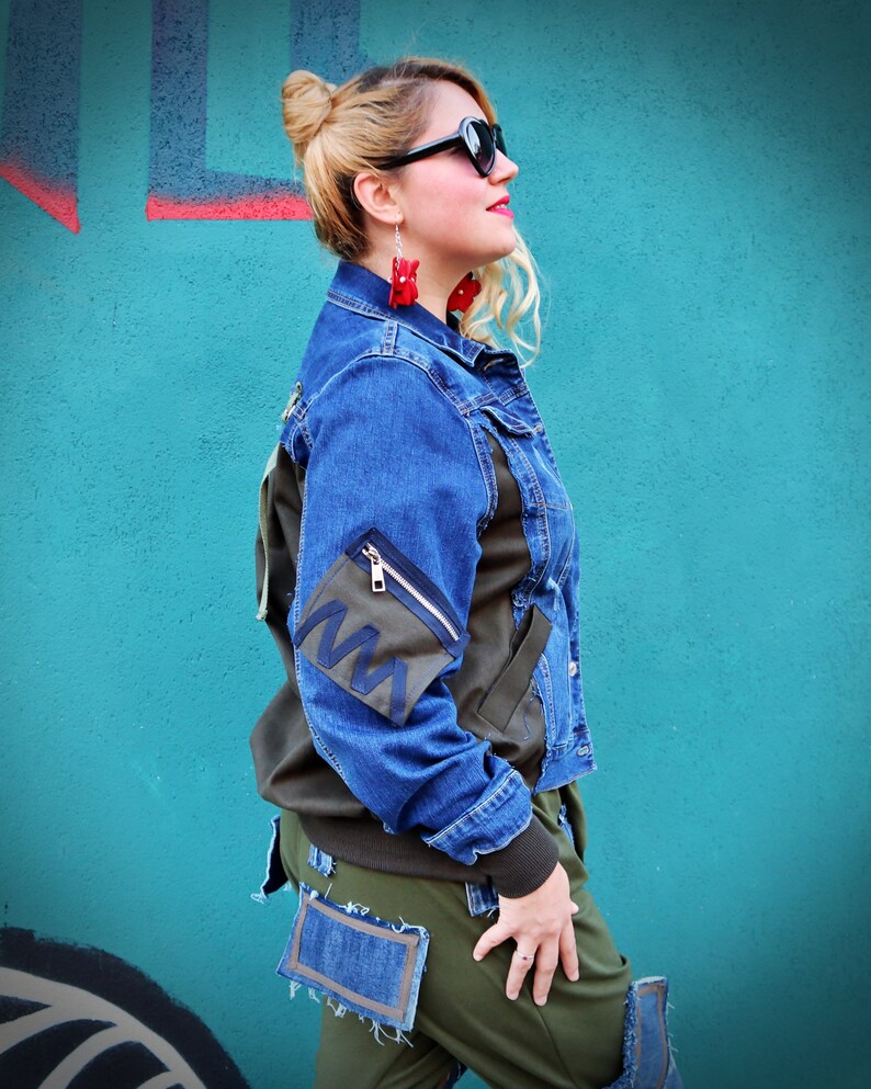 Multi-fabric Jacket in Blue/khaki Bomber Denim Jacket - Etsy