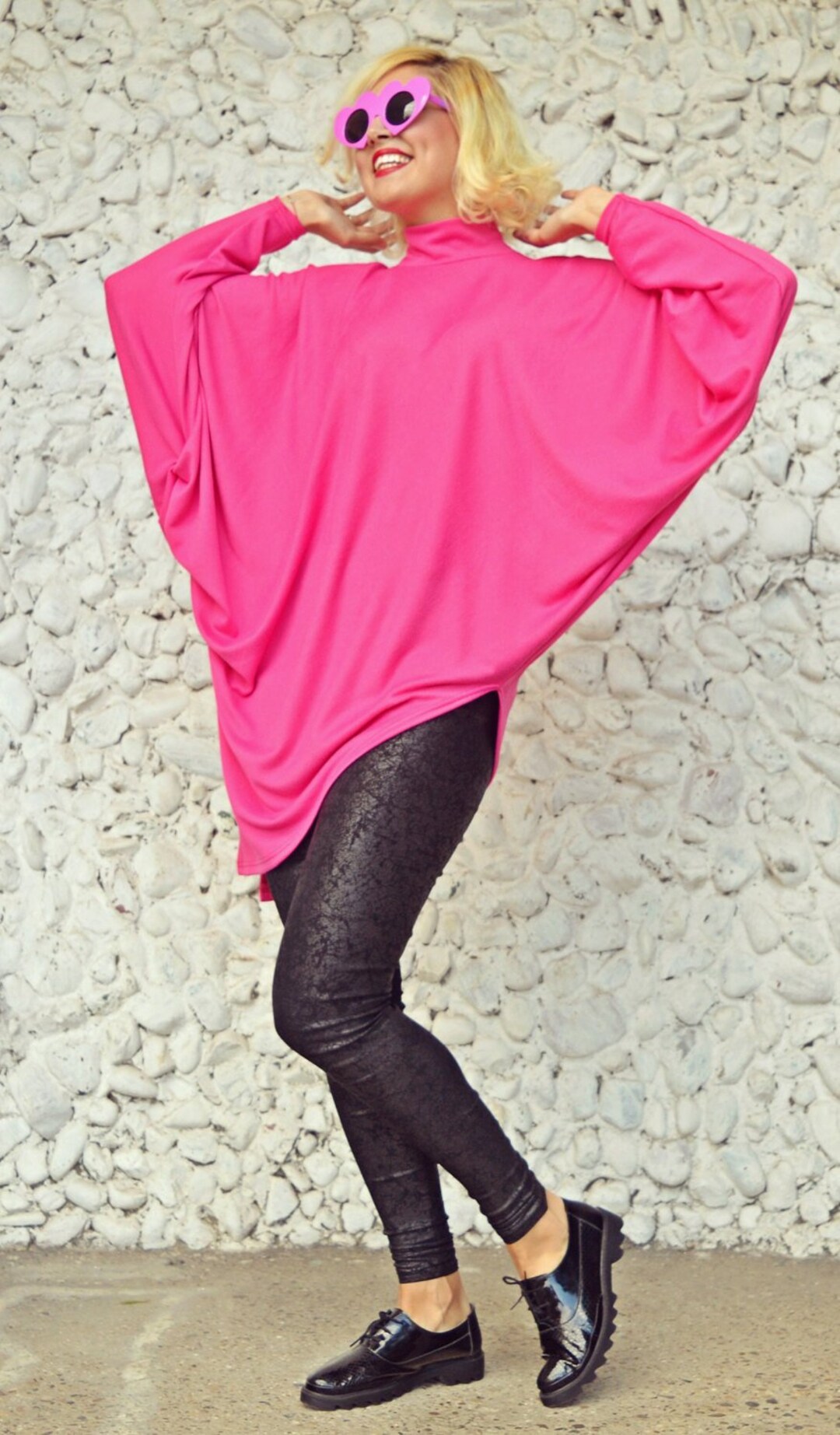 Funky Loose Pink Sweater / Extravagant Pink Top / Asymmetrical Pink ...