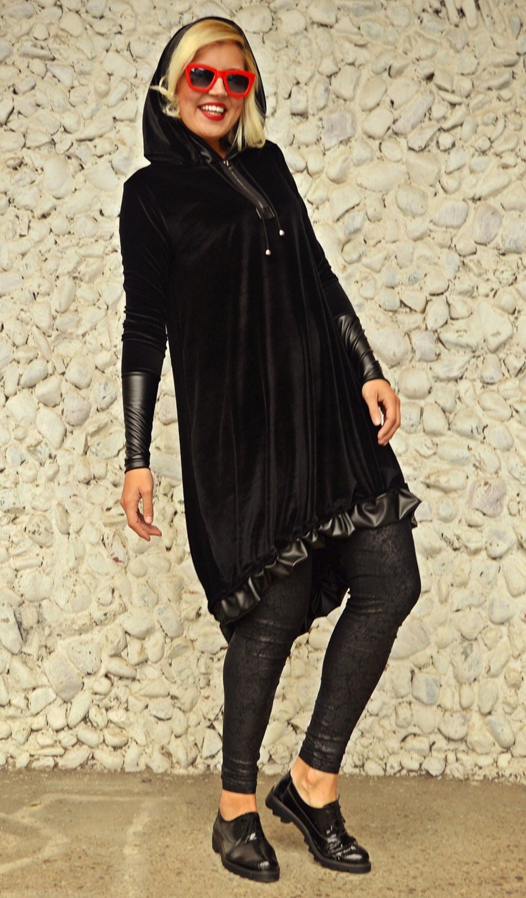 Black Velvet Sweatshirt, Funky Hoodie, Black Loose Hooded Sweatshirt ...