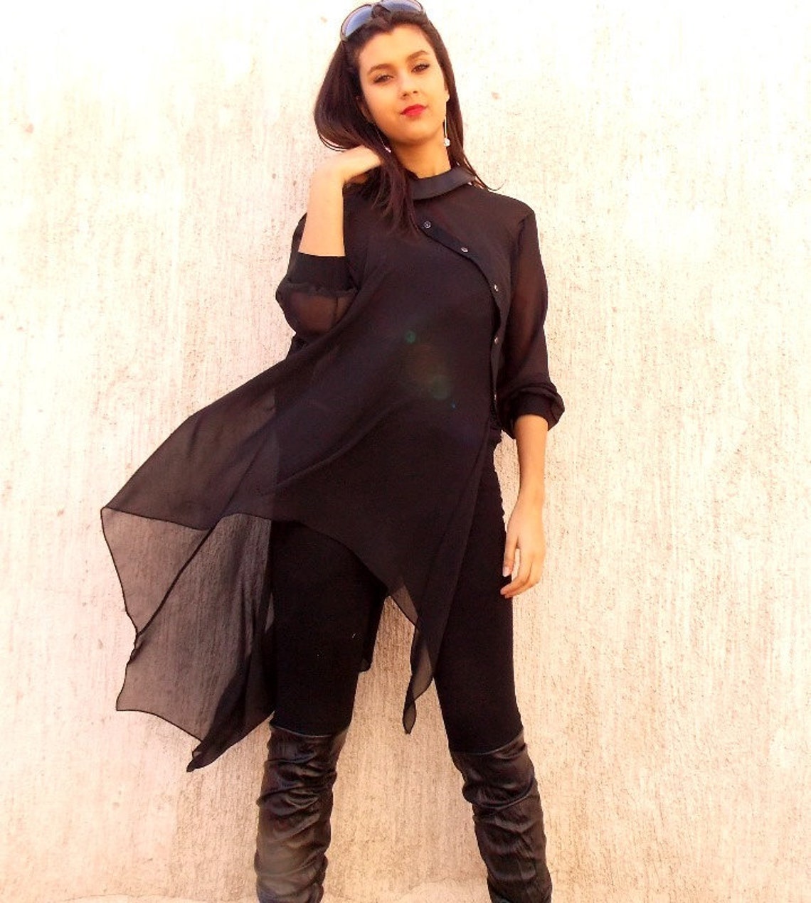 Gothic Asymmetric Chiffon Tunic With Leather Collar Steampunk - Etsy