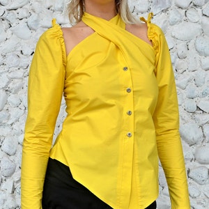 Cotton Open Back Lemon Yellow Top Twisted Collar Blouse off Shoulder ...