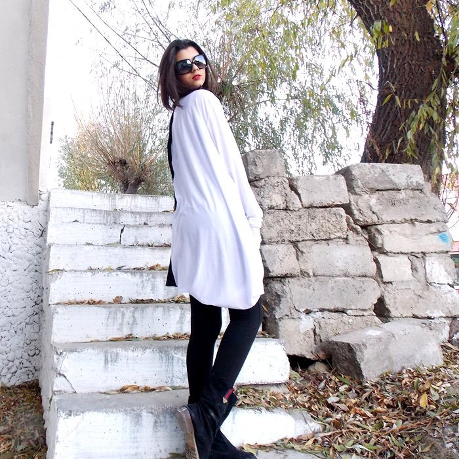 Oversize Twisted Tunic Top Black And White Extravagant Etsy