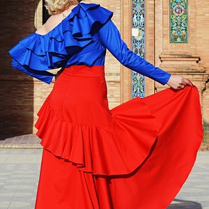 Red Ruffle Skirt, Red Cotton Skirt, High Waist Skirt, Long Tail Skirt ...