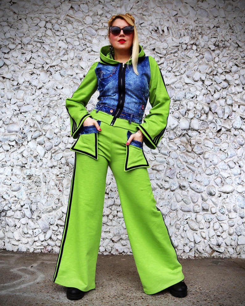 Patchwork Denim Track Pants Wide Leg Pants Active Wear | Etsy