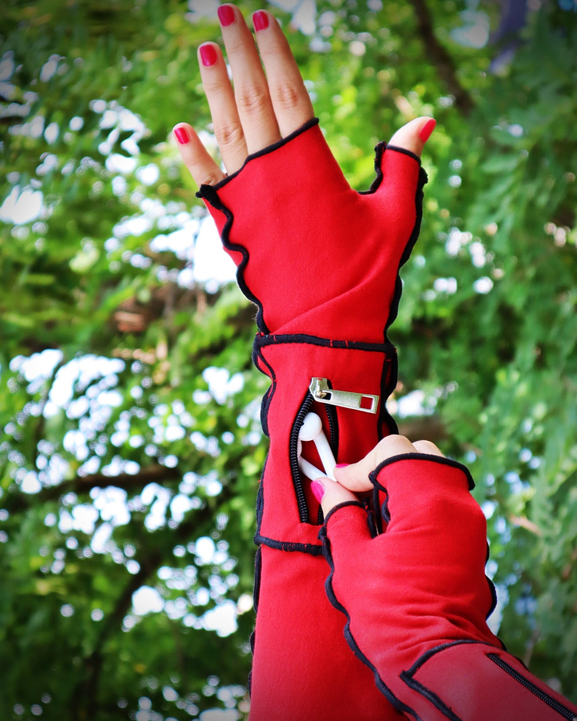 Red Fingerless Gloves With Pocket Long Arm Warmers Cotton - Etsy