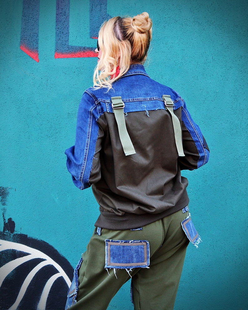 Multi-fabric Jacket in Blue/khaki Bomber Denim Jacket - Etsy