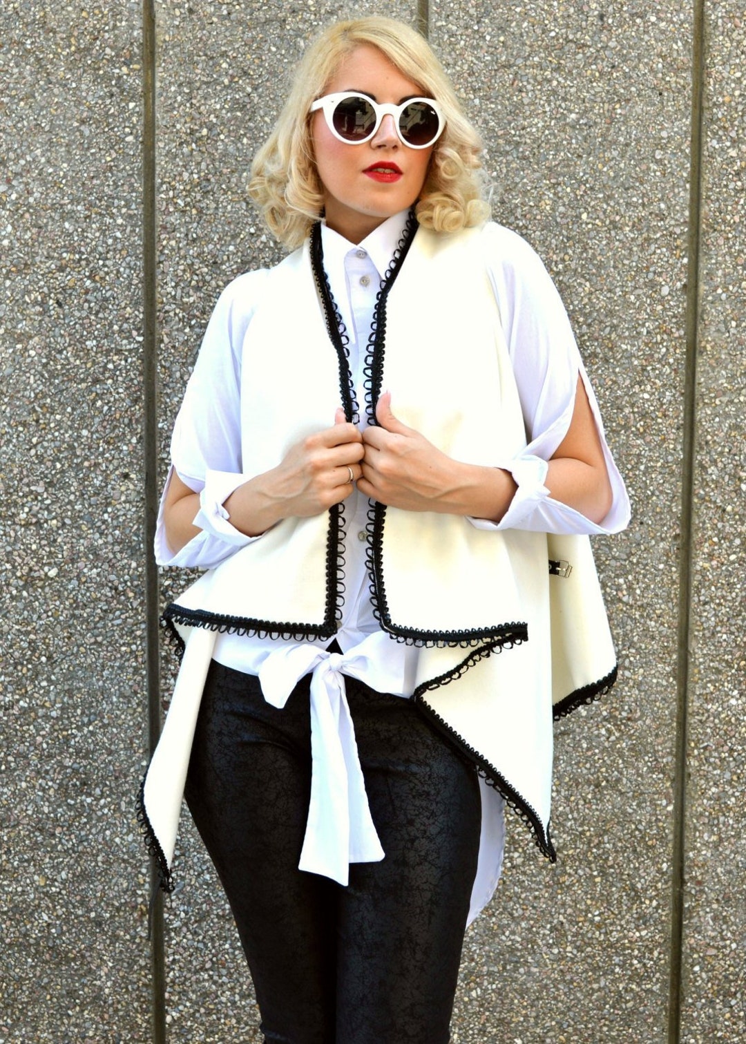 Blend Wool White Vest, Asymmetrical White Vest With Black Bordure Lace ...