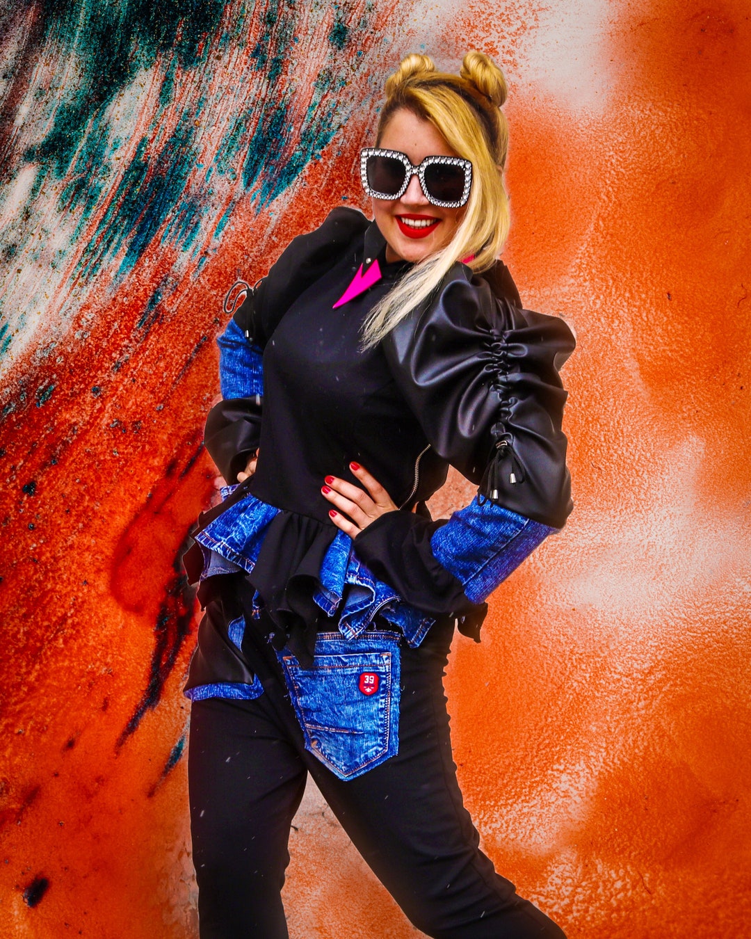 Women Track Suit With Denim Patches, Active Wear Sports Set, Sports for ...