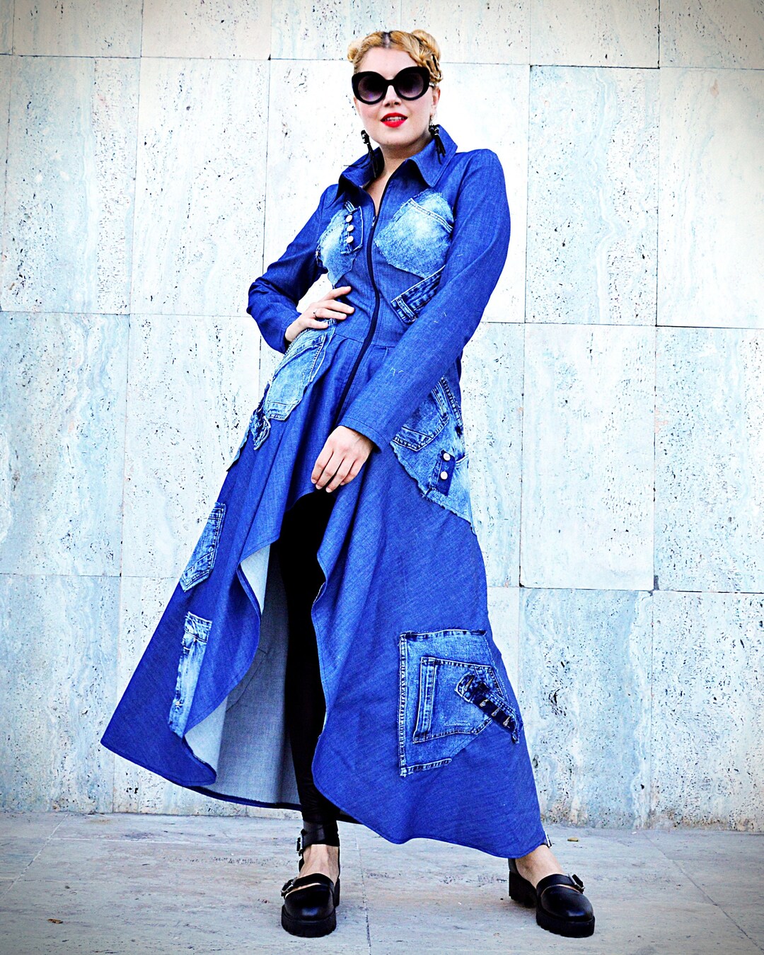 Long Denim Jacket Maxi Punk Rock Jean Coat Zipper Cowboy Windbreaker ...