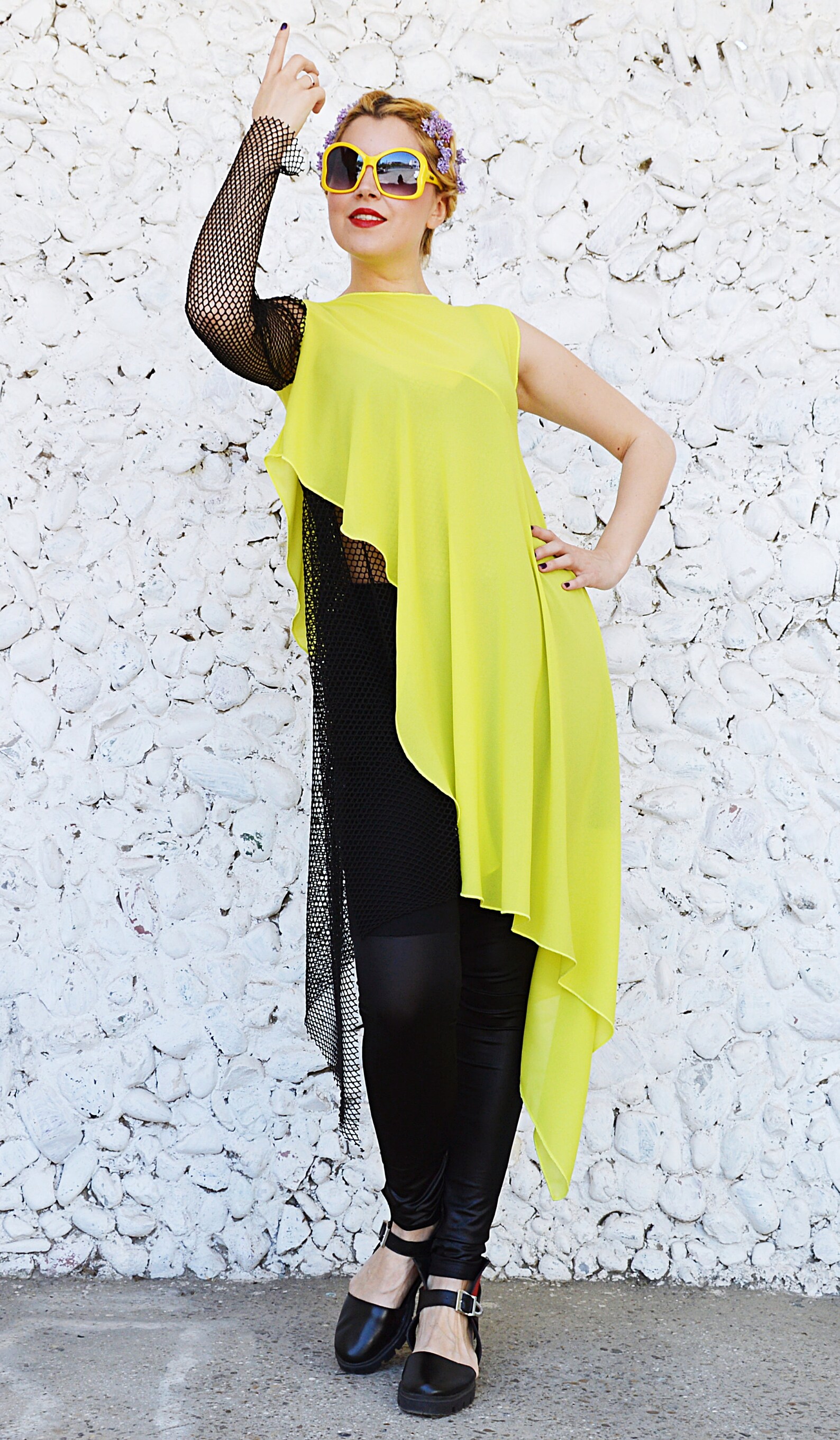 Lime Chiffon Top Chiffon Top With Black Mesh Asymmetrical - Etsy