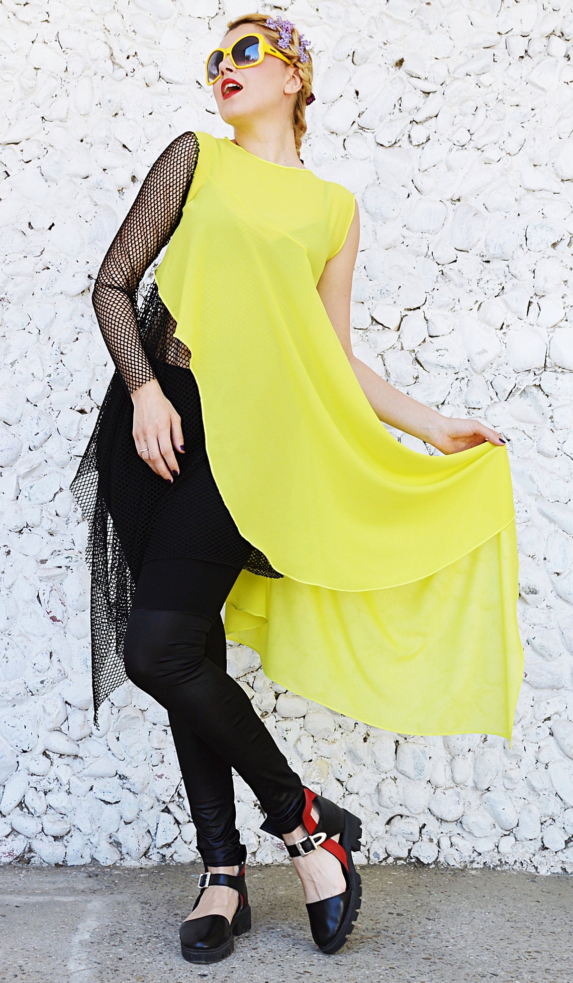 Lime Chiffon Top Chiffon Top With Black Mesh Asymmetrical | Etsy