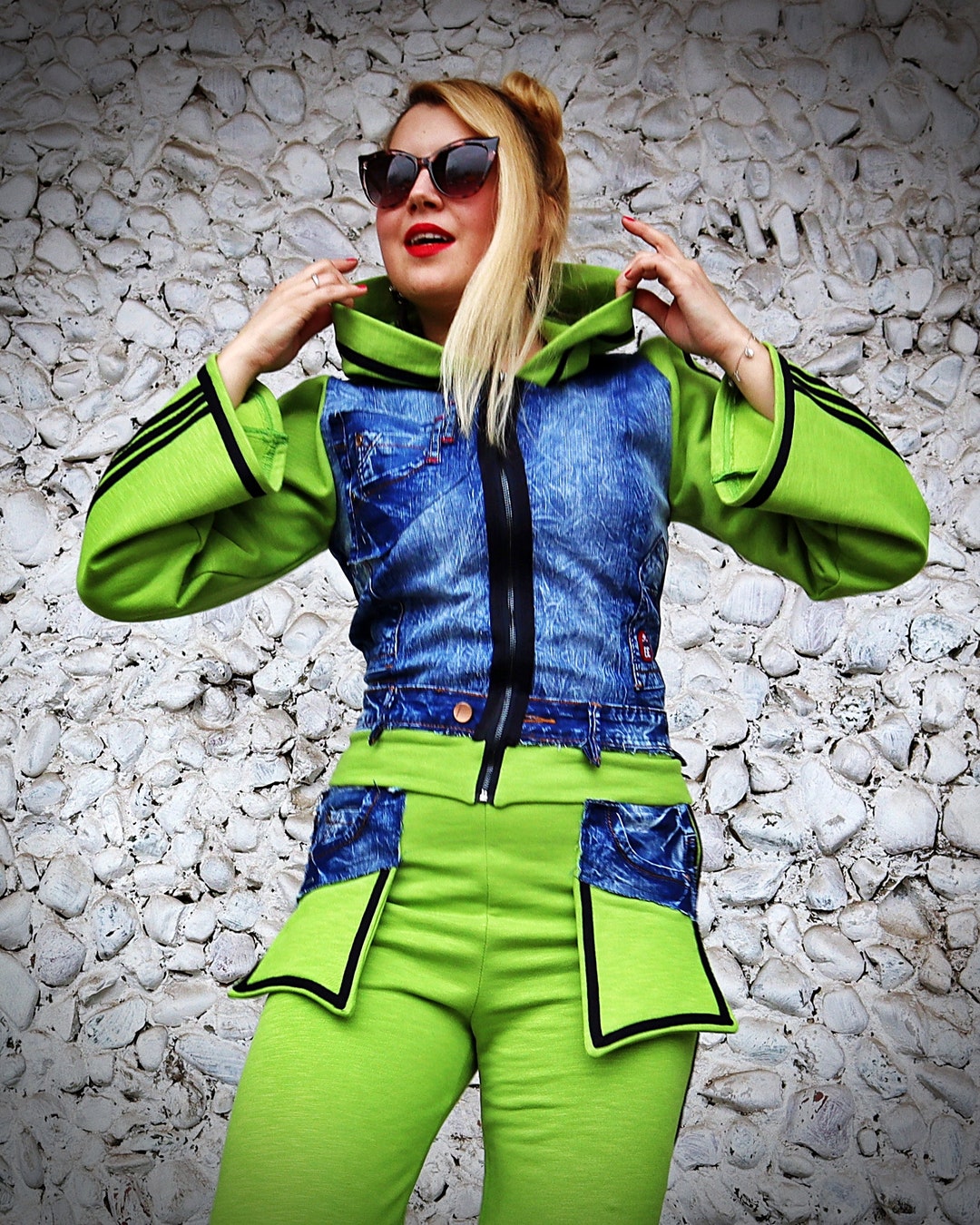 Patchwork Denim Track Jacket, Sweatshirt Denim Top, Active Wear Sports ...