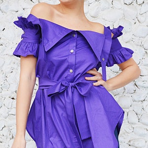 Purple Cotton Top, Short Sleeve Top, Cotton Blouse TT130, off Shoulders ...
