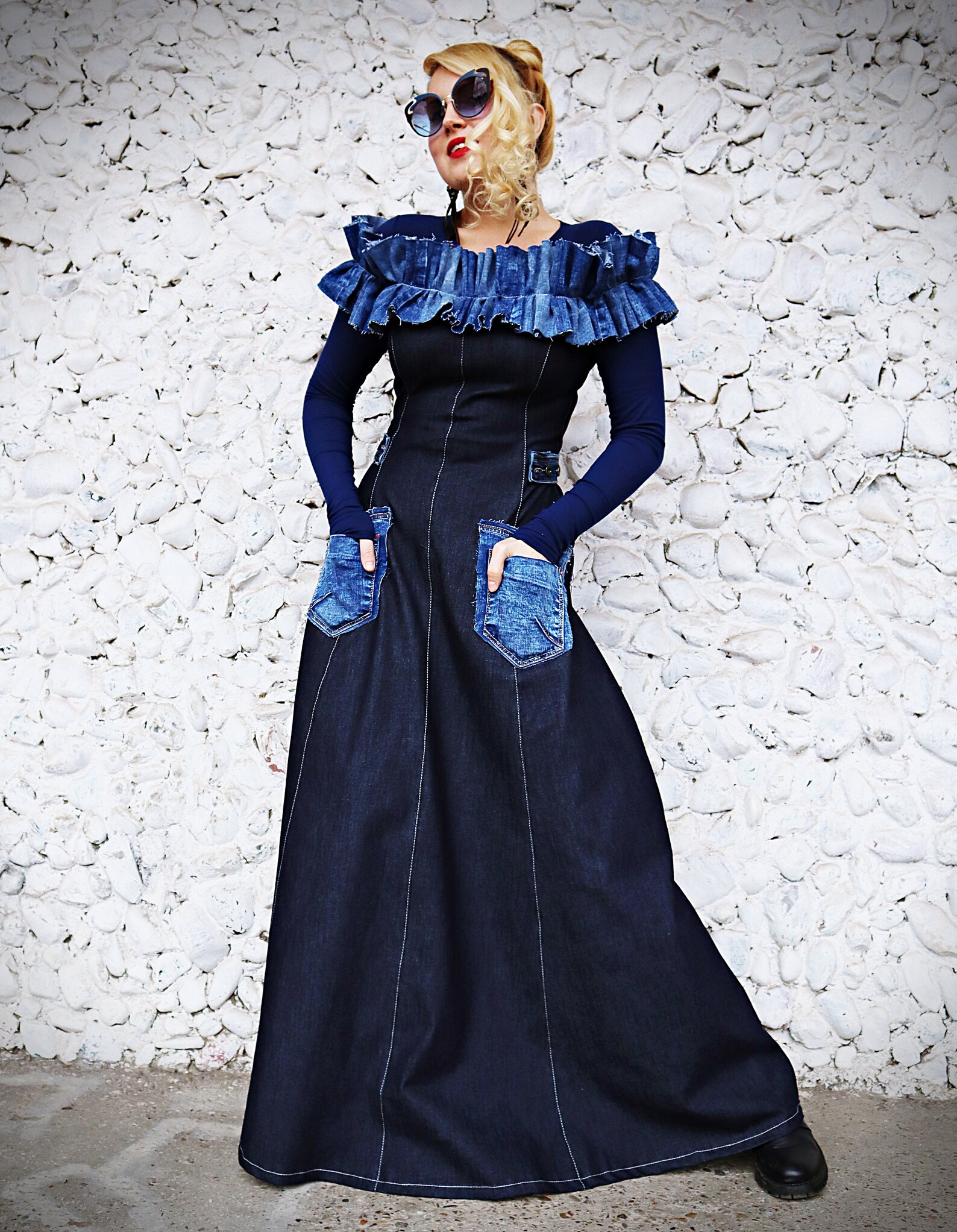 Denim Dress for Women Patchwork Jean Maxi Dress With Ruffles - Etsy