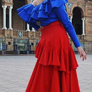 Red Ruffle Skirt, Red Cotton Skirt, High Waist Skirt, Long Tail Skirt ...