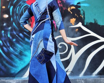 Mermaid Denim Dress With Patches, Patchwork Denim Maxi Dress Mermaid Denim Dress With Patches, Patchwork Denim Maxi Dress