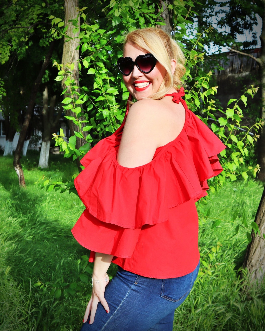 Off Shoulders Summer Blouse, Red Cropped Halter Ruffled Top TT118 on ...