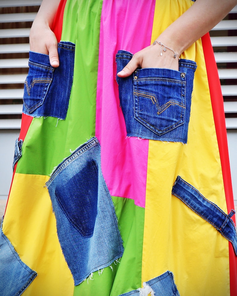 Multi Fabrics Summer Dress Maxi Patchwork Denim Dress Color - Etsy