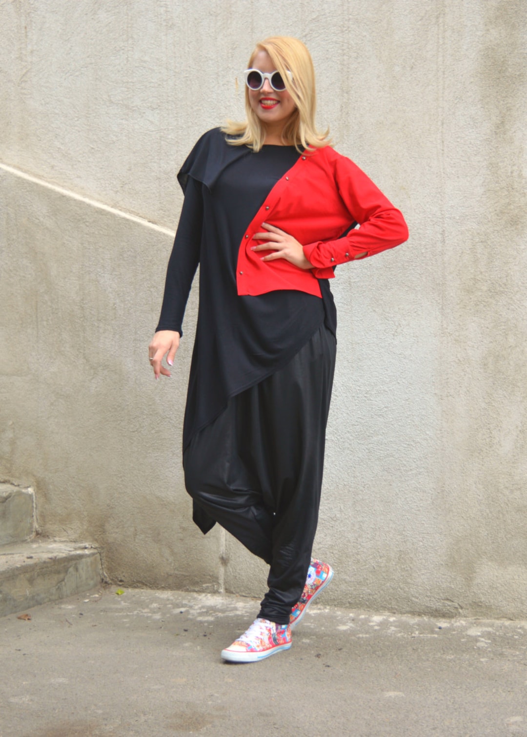 Black and Red Cotton Blouse / Black and Red Asymmetrical Shirt / Black ...