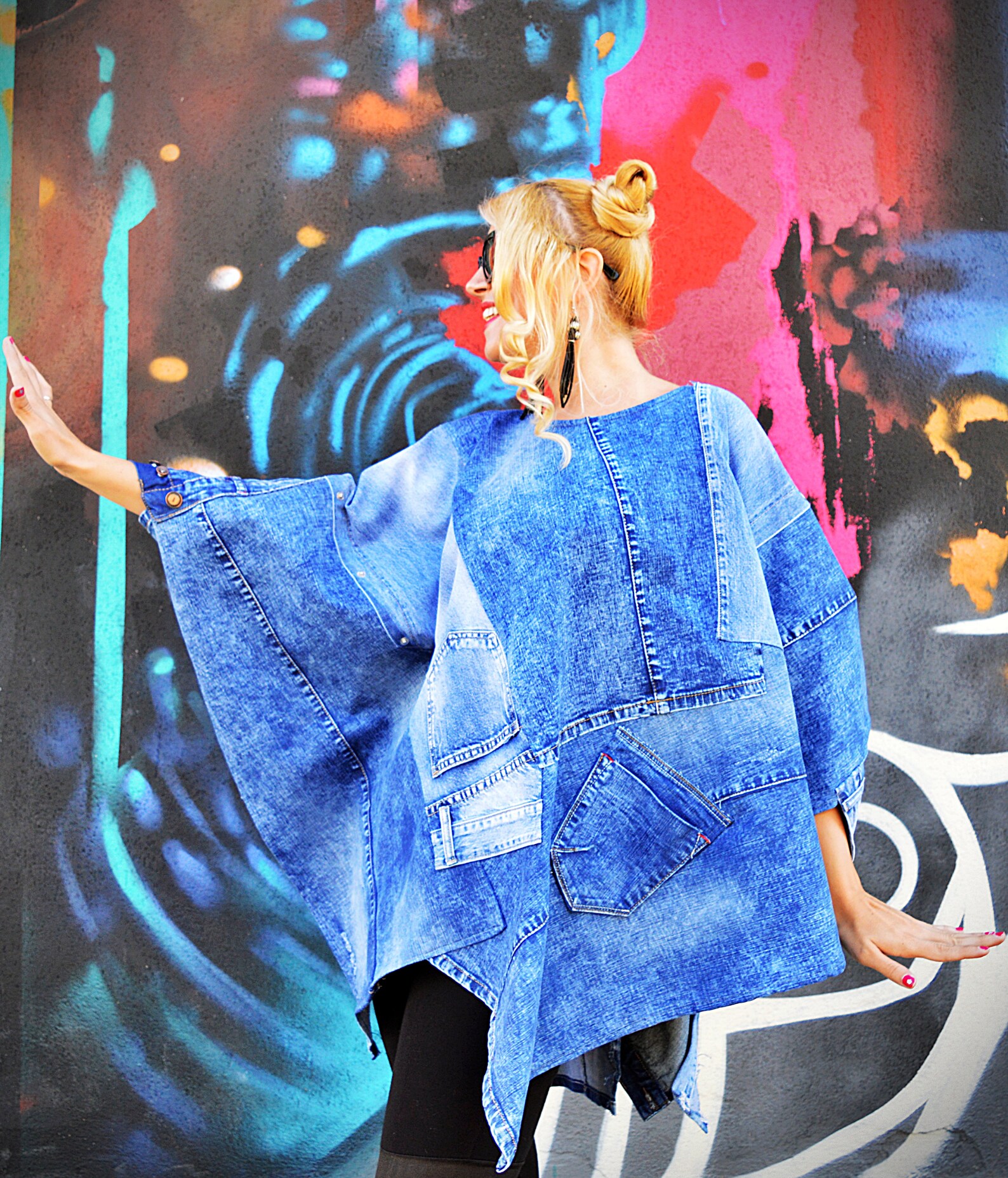 Denim Poncho With Patches Ripped Denim Cape Jean Cape Coat - Etsy
